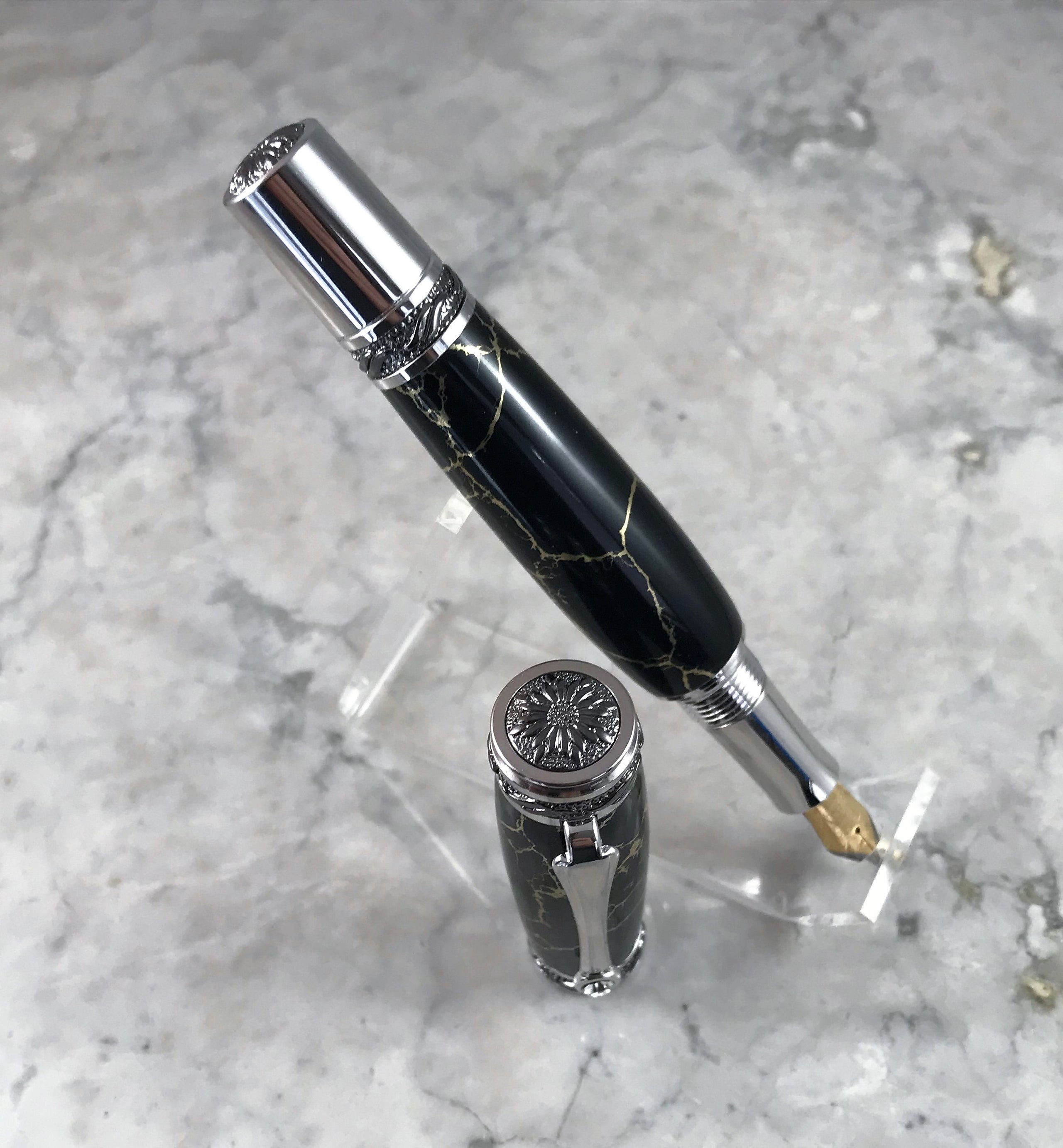 Majestic Fountain Pen - Black & Gold Marble Trustone | Pens by Scott